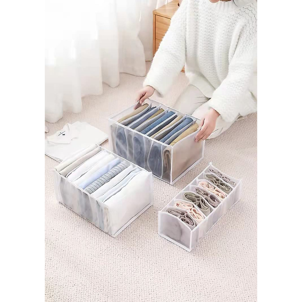 3 Pack Washable Wardrobe Clothes Organizer, Jeans Leggings Compartment Storage Box Closet, Drawer Organizers for Clothing, Folding Clothes Mesh Separation Organizer (White Jeans+T-shirts+Leggings)