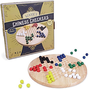 Brybelly Chinese Checkers Game Set with 11.5 in Natural Wood Checkers Board | 60 Wood Marbles in 6 Bright Colors for Adults, Boys and Girls Game Playing