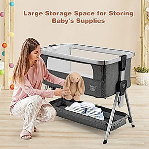 BABY JOY Bedside Bassinet, Portable Baby Crib w/Mattress, Two-Side Breathable Mesh, 7 Height Adjustable, Large Storage, Wheels for Easy Movement, Crib for Newborn Infant, Bassinet for Baby, Dark Grey