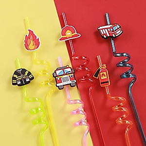 24 Fire Truck Party Favors Drinking Straws for Fire Truck Birthday Party Supplies with 2 PCS Straws Cleaning Brush