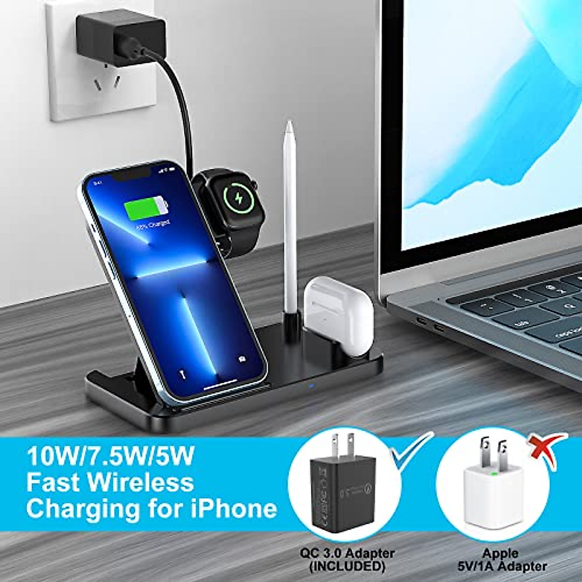 Wireless Charger, CANUVU 4 in 1 Foldable Fast Charging Station Compatible iWatch & AirPods & Apple Pencil, iPhone 14/13/12/11Series(Pro & Pro Max)/X/XS/XS/8, Android Phone(with QC3.0 Adapter)