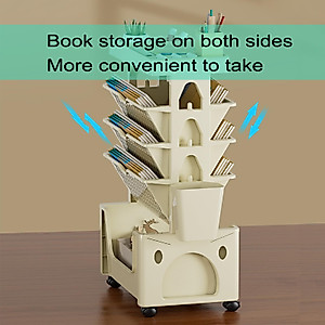 APBATS 5 Tier Removable Movable Bookshelf, Mobile Unique Bookcase, Utility Organizer Khaki Bookshelves with Wheels for Children Students Study in Bedroom Living Room Home School, Big-double-sided