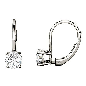 Charles & Colvard Created Moissanite 5mm Round Cut Leverback Drop Earrings for Women | 1 cttw DEW | Lab Grown | Solid 14K White Gold with Rhodium