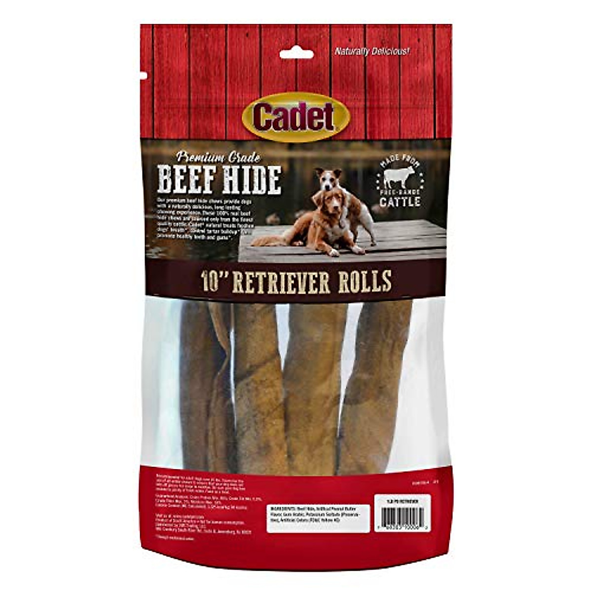 Cadet Premium Grade Beef Hide for Dogs, Long Lasting Rawhide Retriever Rolls, Single Ingredient Dog Chews, Peanut Butter Flavor, 10 Inch (4 Count)
