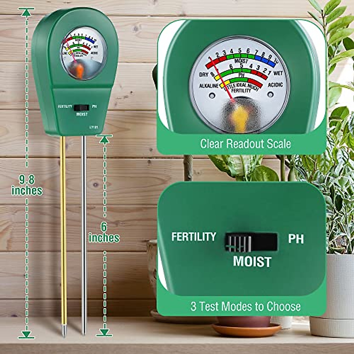 Soil Tester 3 in 1 Moisture/Fertility/pH Tester Garden Planting Kit, Soil pH Sensor Meter for Plant Care, Water Hydrometer Humidity Tester for Indoor Outdoor Lawn Patio Farm Use, No Battery Required