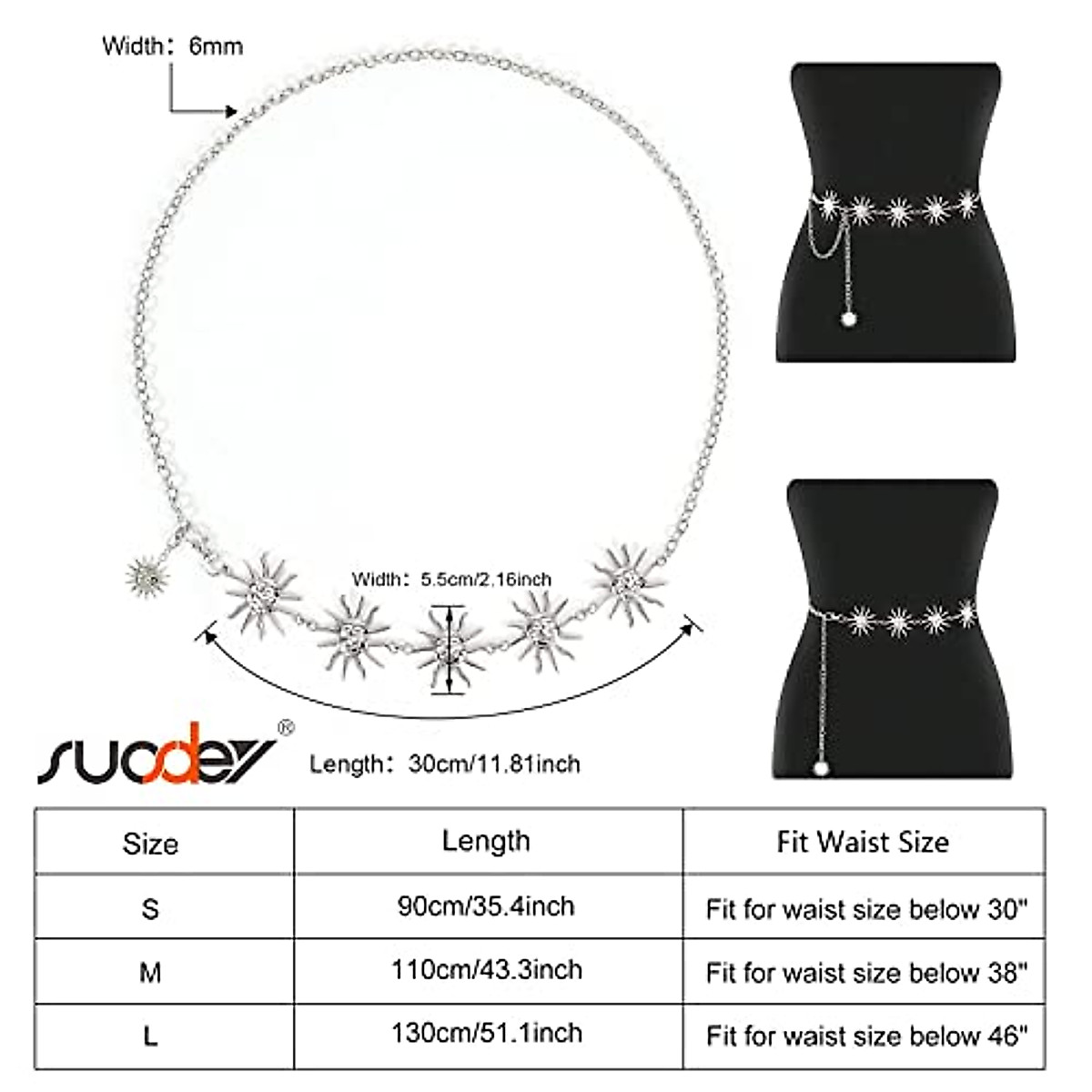 SUOSDEY Western Chain Belts for Women Cowgirl Concho Country Turquoise Belts Metal Adjustable Vintage Silver Belt