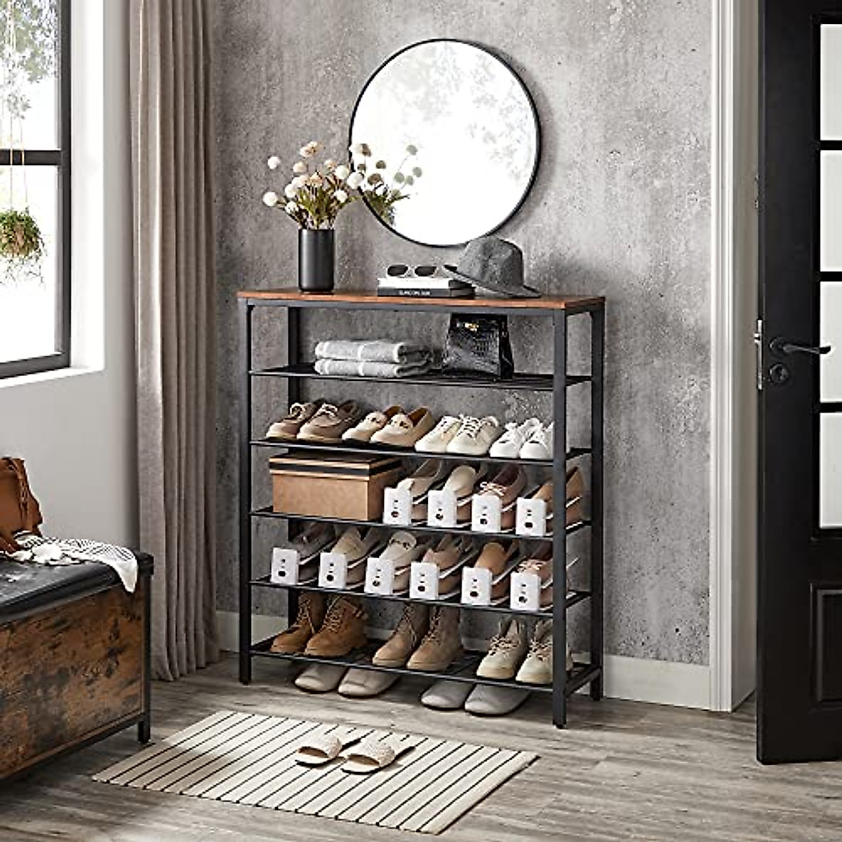VASAGLE 6-Tier Shoe Rack, Shoe Organizer for Closet, Entryway, 24-30 Pairs of Shoes, Large Shoe Rack Organizer with 5 Metal Mesh Shelves, 11.8 x 39.4 x 43.3 Inches, Rustic Brown and Black ULBS016B01