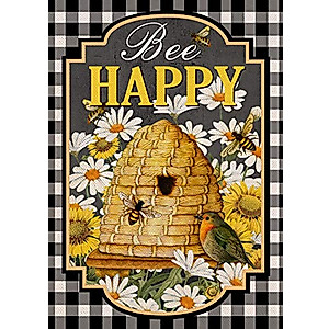 Covido Home Decorative Bee Happy Spring Garden Flag, Daisy Flowers Bird House Yard Buffalo Plaid Check Hive Sunflower Honeycomb Outside Decoration, Summer Farmhouse Outdoor Small Burlap Decor 12 x 18