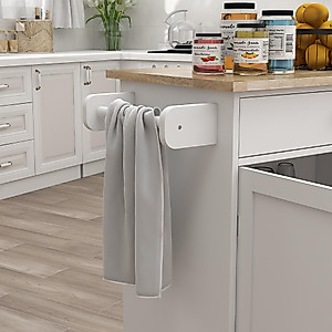 RASOO Kitchen Island on Wheels White Rolling Trolley Cart Island Cart Storage Cabinet with Rubber Solid Wood Countertop One Drawer and 2 Doors Towel Rack, 32.68"x17.72"x36.02"(LxWxH)