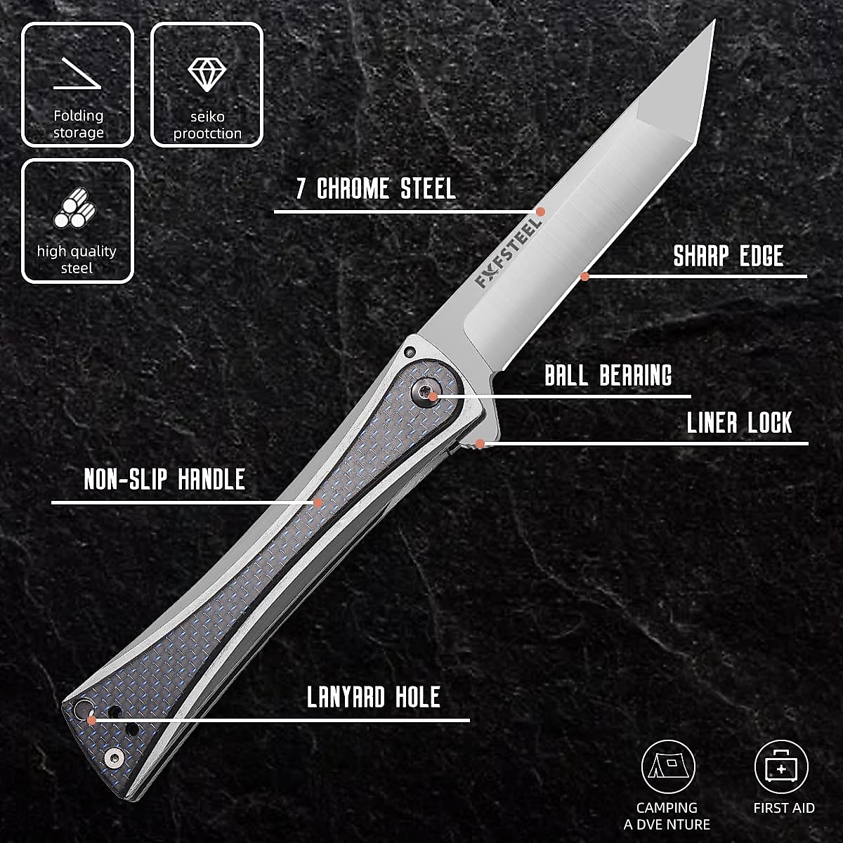 FXFSTEEL Folding Knives 9CR18MOV Satinless Steel Blade with Multi tool Tactical Knife for Outdoor, Survival, Hunting and Camping EDC Pocket Folding Knife with Clip