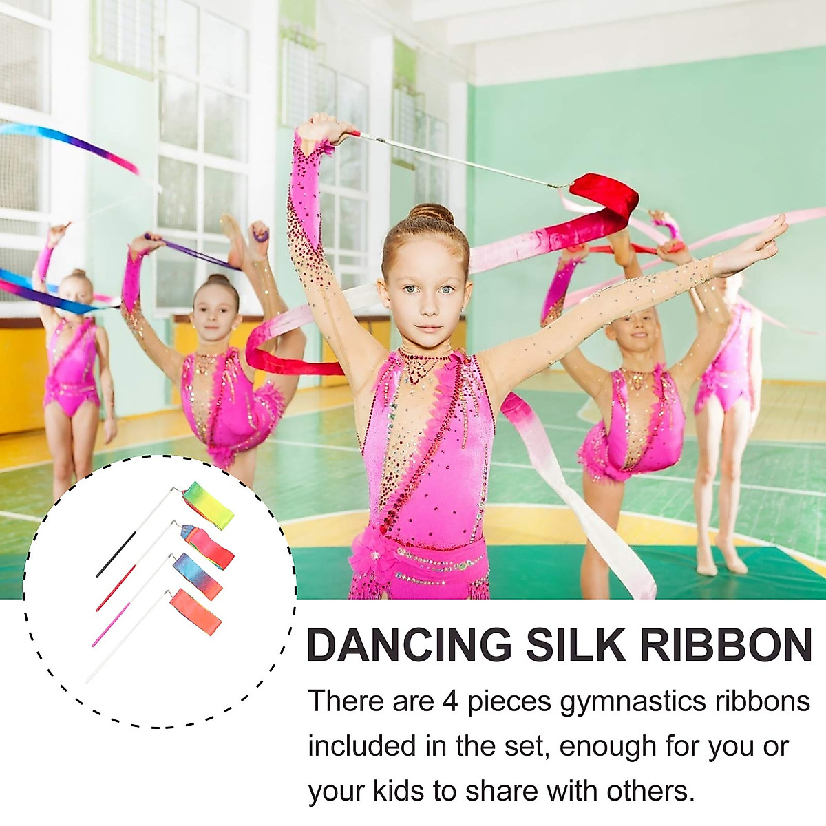 Garneck Dance Silk Ribbon Streamers Gymnastics Rhythmic Artistic Twirling Ribbons Rods for Kids Adults Dance Performance and Games 4pcs