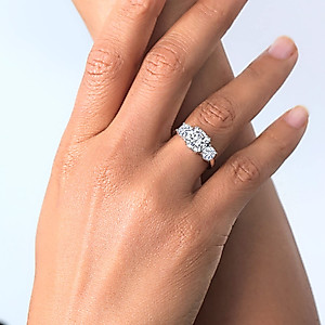 Gem Stone King 925 Sterling Silver White Moissanite 3 Stone Engagement Ring For Women (3.40 Cttw, Gemstone, Cushion 8MM, Size 8)