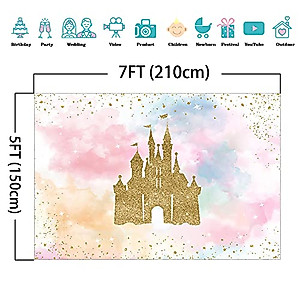 Mocsicka Princess Castle Birthday Backdrop Watercolor Pastel Rainbow Birthday Background Gold Glitter Royal Birthday Party Cake Table Decoration Photo Booth Props (7x5ft)