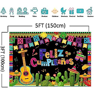 Feliz Cumpleaños Backdrop Mexican Fiesta Happy Birthday Party Decorations Supplies Cactus Balloons Mexico Cinco De Mayo Carnival Bday Cake Table Banner Photography Background Photo Props