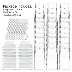 Zezzxu 3 oz Mini Plastic Dessert Cups with Lids and Spoons, 50 Pack Square Dessert Shot Glasses Shooter Cups for Appetizers Parfaits Mousse Trifle Fruit Pudding