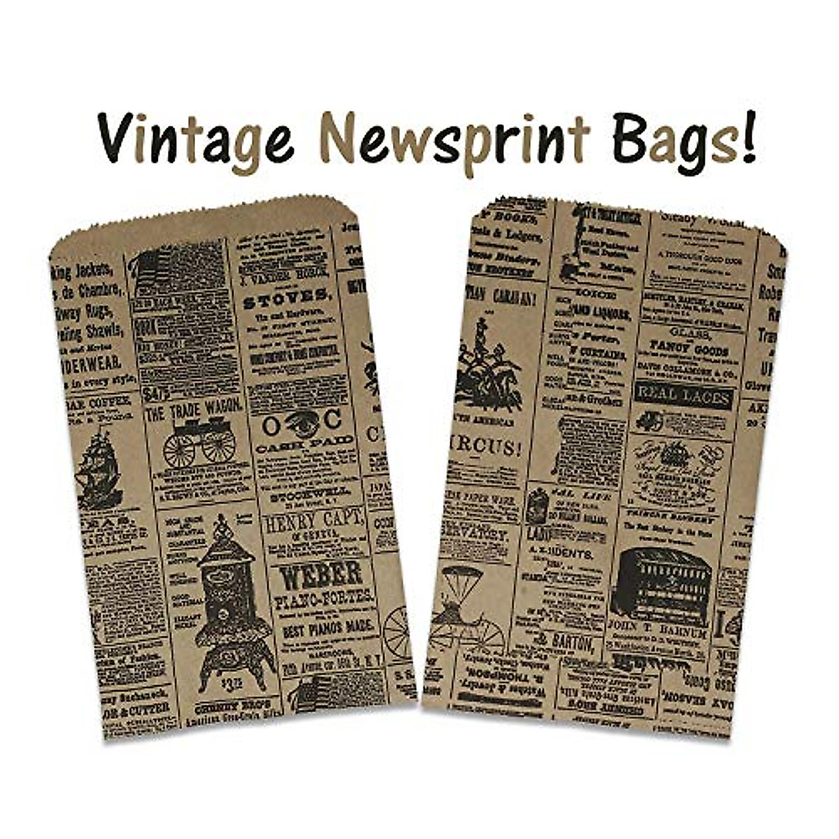 100 6x9 Newspaper Print Paper Kraft Bags,Vintage Style Newsprint Favor Craft Bags (Print ads Will Vary)