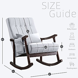 Prahalum Nursery Rocking Chairs Glider, Rocker Chair with High Back Tufted Design, Comfy Nursing Armchair for Mom, Side Pocket, Lumbar Pillow, Leathaire, Light Gray