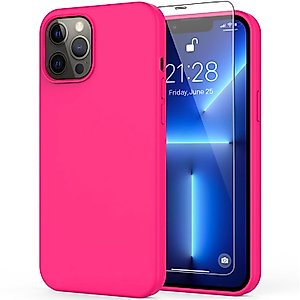 DEENAKIN Compatible with iPhone 13 Pro Max Case with Screen Protector,Soft Flexible Silicone Gel Rubber Bumper Cover,Slim Fit Shockproof Protective Phone Case for Women Girls 6.7" Hot Pink