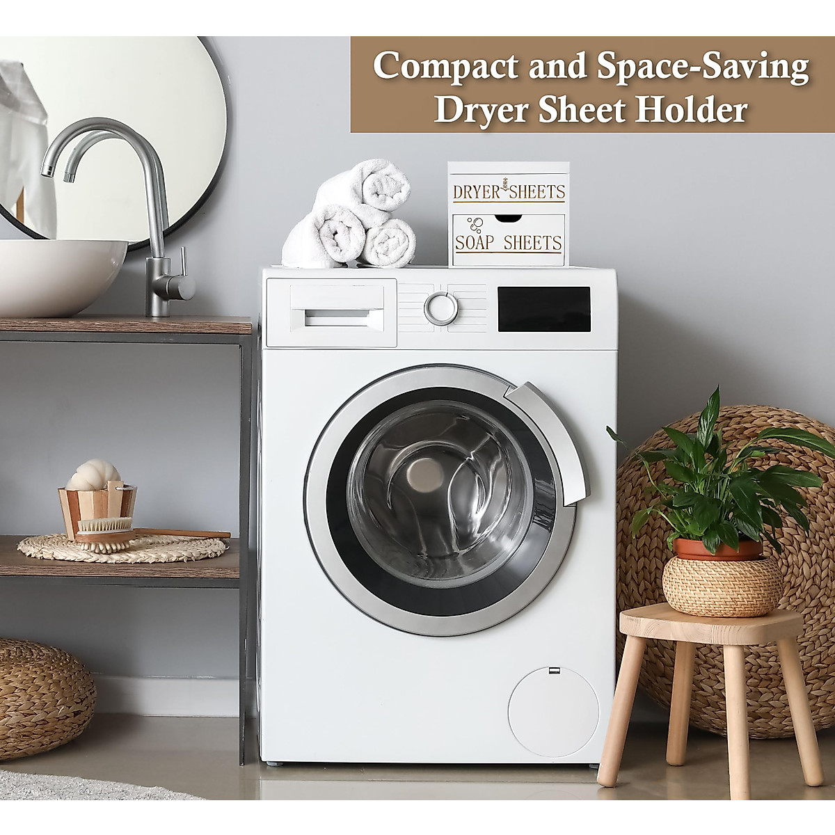 ALLNEY HOME Wood Box Dryer Sheet Holder and Detergent Dispenser drawer, Natural Wood and Sustainable Storage Box, Rustic White Farmhouse Finish, Large Capacity Laundry Room Organizer