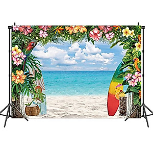 Summer Hawaiian Beach Backdrop Tropical Flowers Luau Photography Background Surfboard Blue Sky Ocean Palm Leaves Aloha Party Decorations Large Tiki Birthday Photo Booth Props