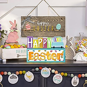 Reversible Hello Spring/Happy Easter Decorations Wooden Block Sign with Led Lights- Double Sign Spring Easter Farmhouse Home Battery Operated Light up Wooden Sign for Table Mantle Tabletop Centerpiece