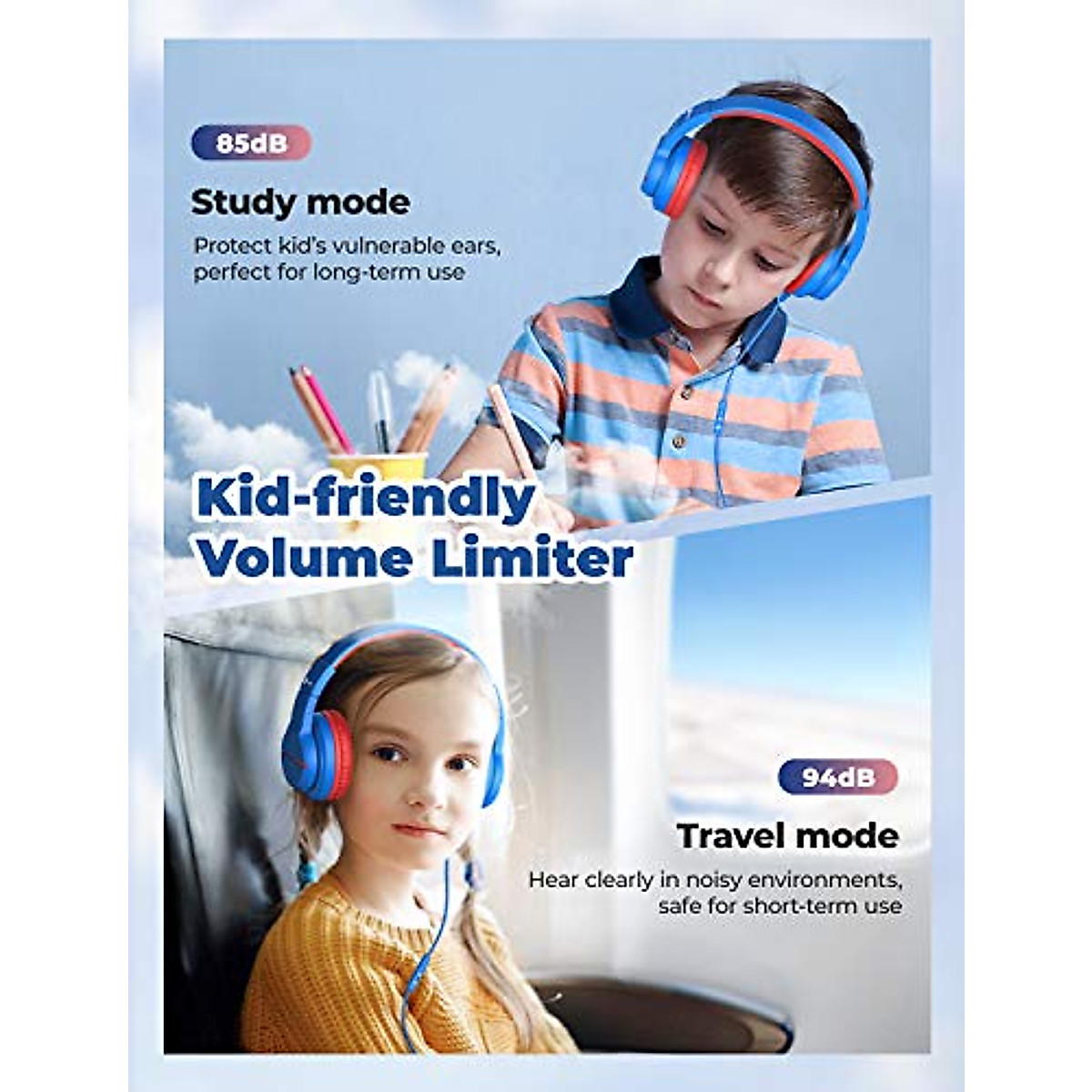 iClever Kids Headphones for School Travel, Safe Volume 85/94dB, HD Mic Stereo Sound Over-Ear Girls Boys Headphones for Kid, FunShare Foldable 3.5mm Wired Kids Headphones for iPad Computer, HS19 Blue