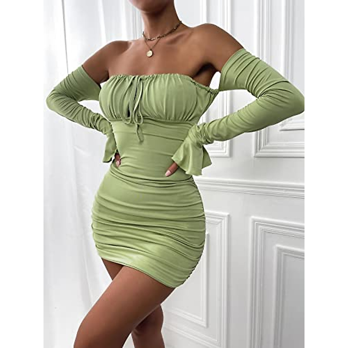 4UFIT Women's Sexy Long Sleeve Off Shoulder Ruched Party Mini Dress Green