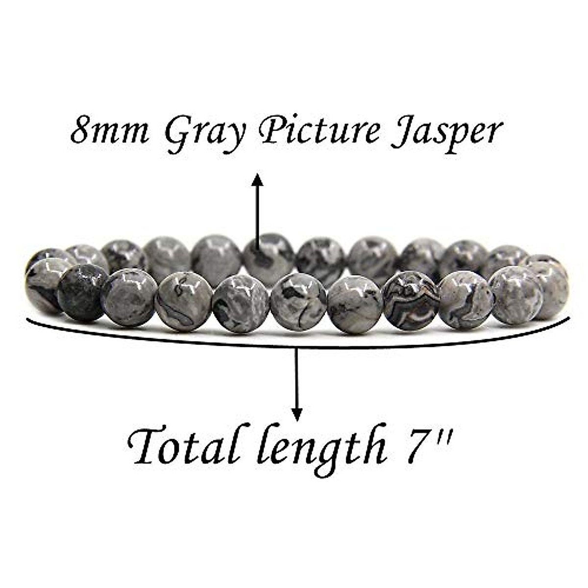 Natural Gray Picture Jasper Gemstone 8mm Ball Beads Stretch Bracelet 7" Unisex