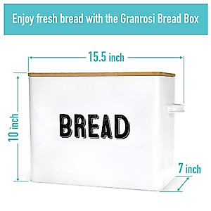 Granrosi Large White Bread Box for Kitchen Countertop, Bread Storage Container, Breadbox, Bread Container, Bread Boxes, Bread Keeper, Bread Holder - Farmhouse Bread Box with Bamboo Wooden Lid - White