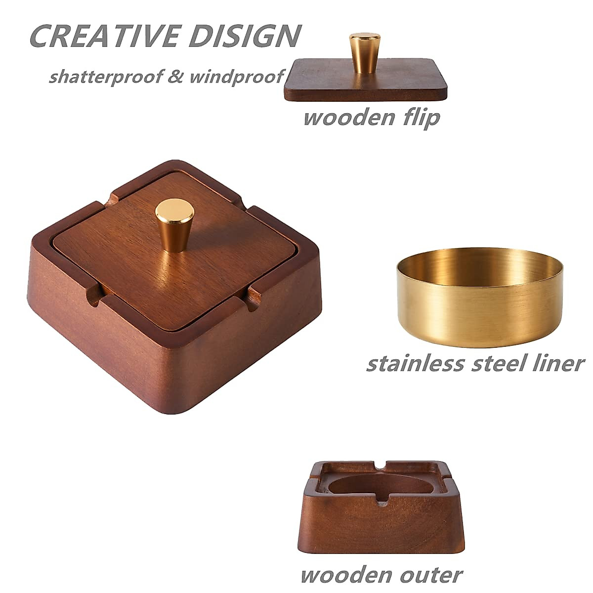 Ashtray Wooden Cigarette Ashtray Square Outdoor Ash Tray with Removable Stainless Steel Liner & Lid for Patio Office Home Decoration