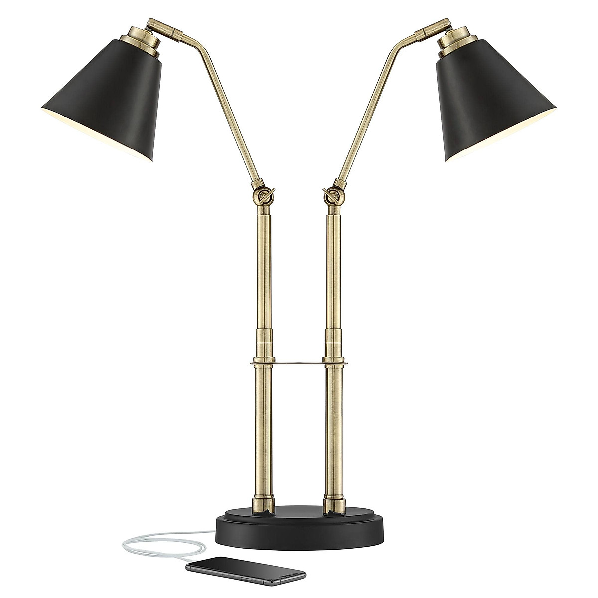 Possini Euro Design Sentry Mid Century Modern Desk Lamp 23" High with USB Charging Port Black Brass Gold Metal LED Adjustable Cone Shade for Living Room Bedroom House Bedside Nightstand Office