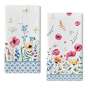 Seliem Spring Floral Flowers Kitchen Dish Towel Set of 2, Butterfly Hand Towel Drying Baking Cooking Cloth, Watercolor Summer Seasonal Kitchen Decor 18x26 Inches