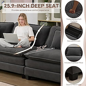 IPKIG 117" Sectional Sofa, Velvet L-Shaped Couch Comfy Upholstered 3-Seat Sofa with Ottoman, 3 Lumbar Pillow, Deep Seat Modular Oversized Couch for Living Room, Apartment, Studio (Grey, 4-Seat)