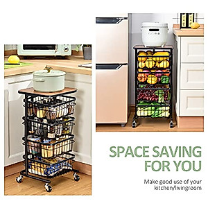 TOOLF Fruit Vegetable Basket, Rotating Storage Shelf, 5 Tier Metal Rolling Cart with Wooden Tabletop, Large Metal Baskets Rack with Wheels, Black