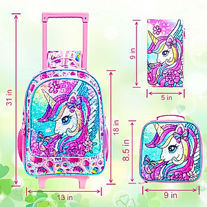 ZLYERT 3PCS Rolling Backpack for Girls, Unicorn Roller School Bag with Wheels for Kids, Wheeled Bookbag with Lunch Box for Children