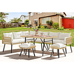 YITAHOME Outdoor Patio Wicker Conversation Furniture Set with Plastic Wood Dining Table, All-Weather Rattan Outdoor Sectional Sofa Set for Backyard Deck with Convient Ottomans, Light Brown+Beige