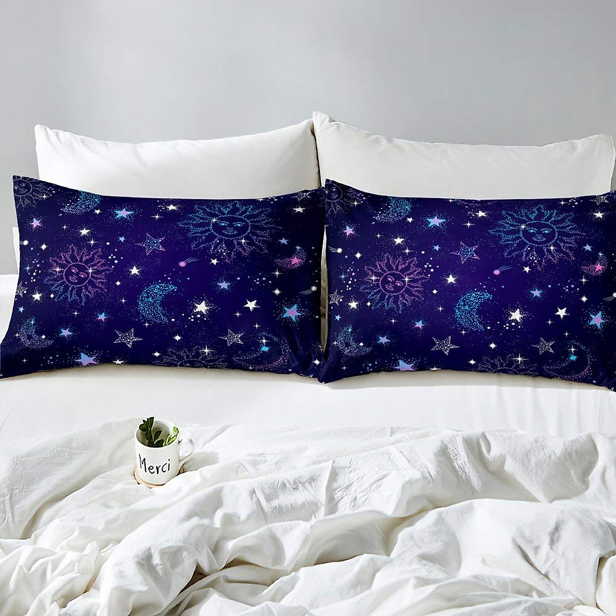Castle Fairy Blue Universe Comforter Cover Sets Queen Sun Moon Stars Print Duvet Set Teens Youngs Galaxy Space Theme 3 Pieces Bedding Sets(1 Duvet Cover 2 Pillow Cases),No Comforter