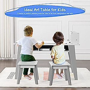 Kids Art Table, 2-In-1 Kids Craft Table and Art Table and Chair Set w/ 2 Stools and 3 Storage Drawers, Wooden Drawing and Painting Art Easel Set, Toddler Activity Table, Kids Arts and Crafts Ages 3-12