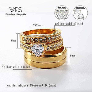 TWO RINGS His Hers Wedding Ring Sets Couples Rings Women's 10k Yellow Gold Plated White heart CZ Wedding Engagement Ring Bridal Sets & Men's Titanium Wedding Band