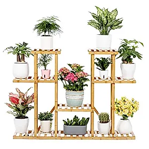 Bamboo Plant Stand Rack 4 Tier Indoor&Outdoor Multiple Flower Pot Holder Shelf Planter Display Shelving Unit for Patio Garden, Living Room, Corner Balcony and Bedroom (13 Flowerpots)