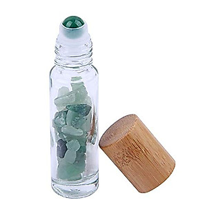 Constore 5 PCS 10ML Gemstone Roller Bottles,Refillable Roll On Bottles with Bamboo Lids Healing Crystal Chips Inside for Perfumes Aromatherapy Oils
