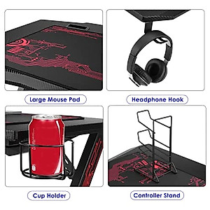43 inch Gaming Desk, Ergonomic Computer Desk K-Shaped Sturdy Craft Table, Home Office Student Writing Table with Handle Rack, Cup Holder, Headphone Hook, Full Mouse pad, Black