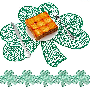 6 Pieces St. Patrick's Day Shamrock Placemat Green PVC Table Place Mat Non Slip Heat Resistant St Patrick's Day Placemats for Dining Kitchen Table Home Decoration, 16.5 Inch