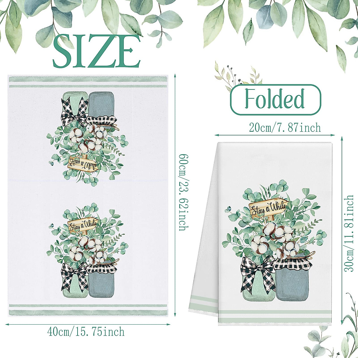 Kajaia 6 Pcs Spring Kitchen Towels Eucalyptus Leaves Hand Towels 15.7 x 23.6 Inch Summer Green Dish Towel Farmhouse Absorbent Decorative Tea Towels Dishcloths for Home Bathroom Decor Housewarming Gift