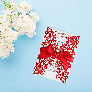 KALOPEZY 25PCS Wedding Invitation Red invitations Red Powder Floral Laser Cut with Blank Inner Sheet Envelopes and Ribbons for Wedding Engagement Bridal Bridal Shower Invite