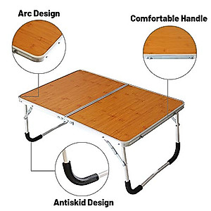 Jucaifu Foldable Laptop Table, Bed Desk, Breakfast Serving Bed Tray, Portable Mini Picnic Table & Ultra Lightweight, Folds in Half with Inner Storage Space (Bamboo Wood Grain)