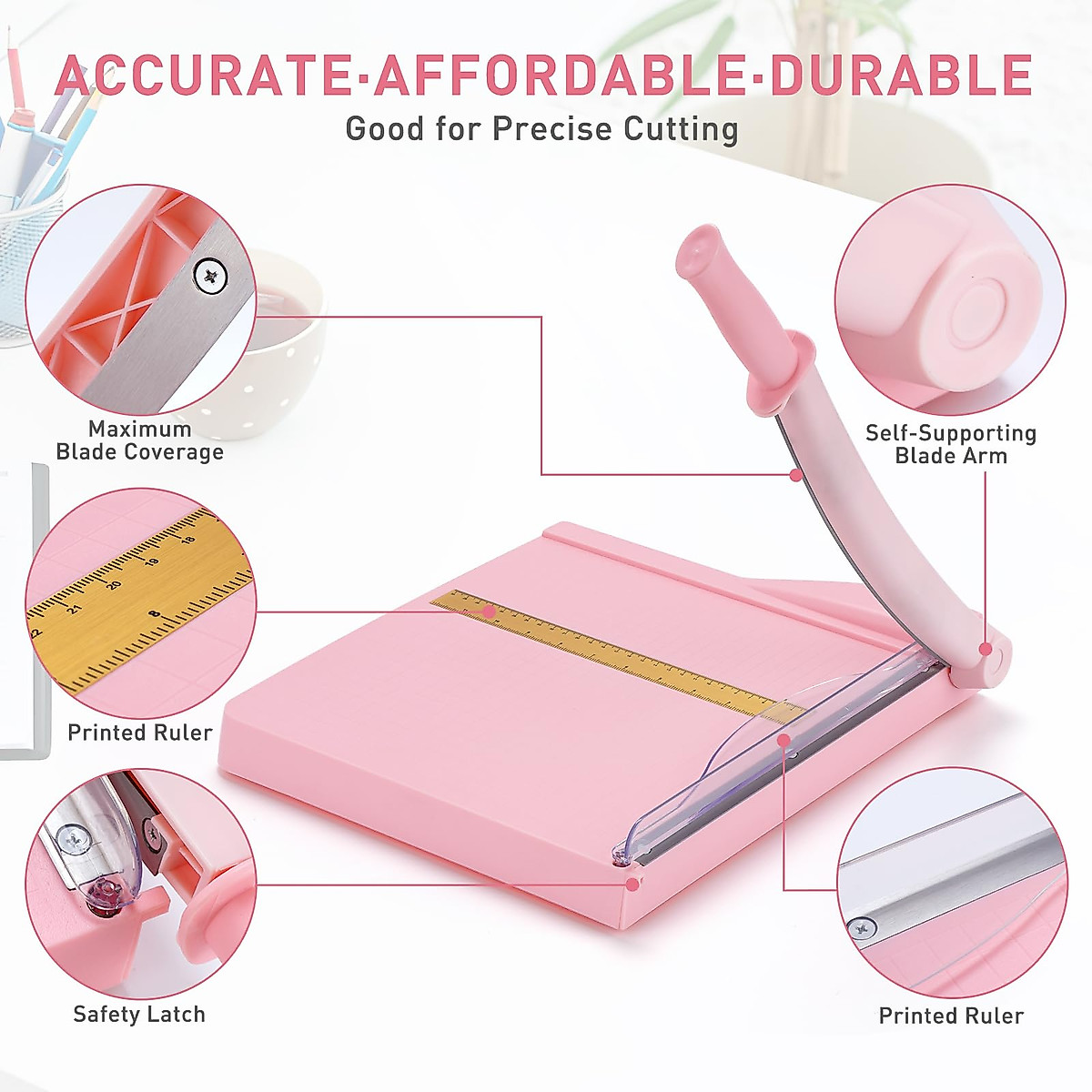 Paper Cutter, Paper Trimmer with Safety Guard, 12" Cut Length Paper Slicer with 16 Sheet Capacity Paper Cutting Board,Guillotine Paper Cutters and Trimmers for Cardstock Cardboard Vinyl (Pink)