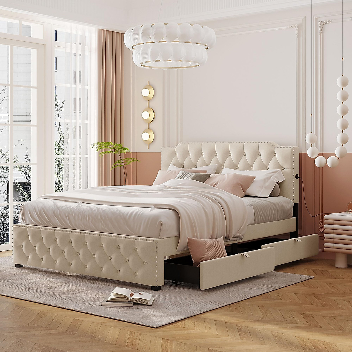 Prohon Queen Size Bed Frame w/ 2 Drawers and Two Sets USB Ports, Upholstered Platform Bed with Button Tufted Trim Headboard, Velvet Linen Wooden Bed Fram No Box Spring Needed, Beige
