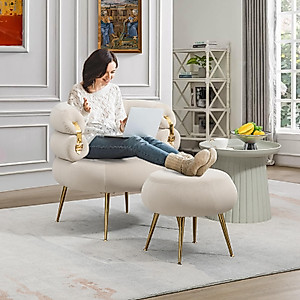 Antetek Modern Velvet Accent Chair with Ottoman, Upholstered Sofa Chair with Stylish Golden Decor, Comfy Arm Chair Leisure Lounge Chair for Living Room, Bedroom, Office, Beige