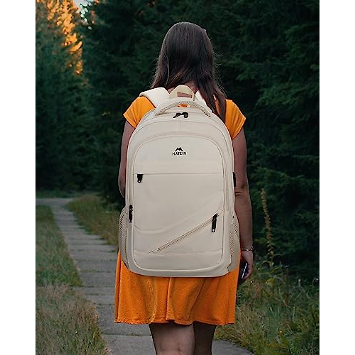 MATEIN 17 inch Laptop Backpack for Women, Big Travel Backpack Airline Approved with Luggage Strap, Heavy Duty Work Bag with USB Charging Port, Water Resistant Bag for College, Beige